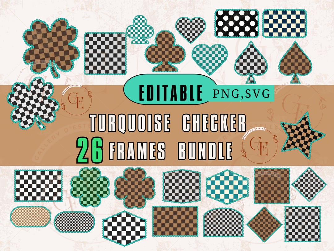 Turquoise Checker Frame Bundle |editable Retro Checkered Borders Png ...