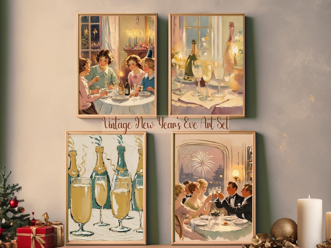 Vintage New Year's Eve Art Set, Nostalgic Retro Christmas Art ...