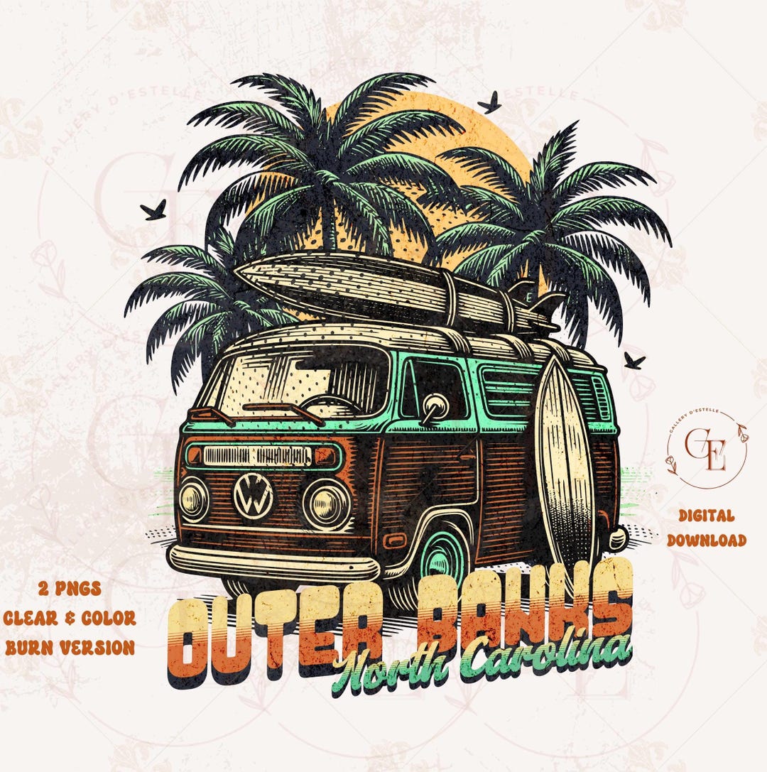 Outer Banks North Carolina PNG, Retro Surf Van Art, Beach Camp Life ...