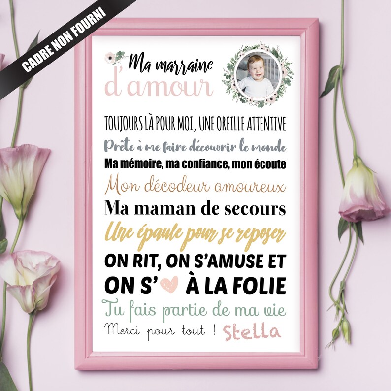 Cadeau marraine : Affiche personnalisée à offrir à la marraine en or de ...