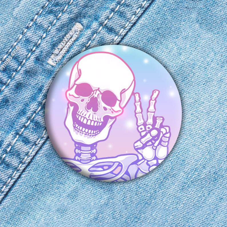 Kawaii Skeleton Peace Sign Pin, Funny Skeleton Keychain, Bookbag Button ...