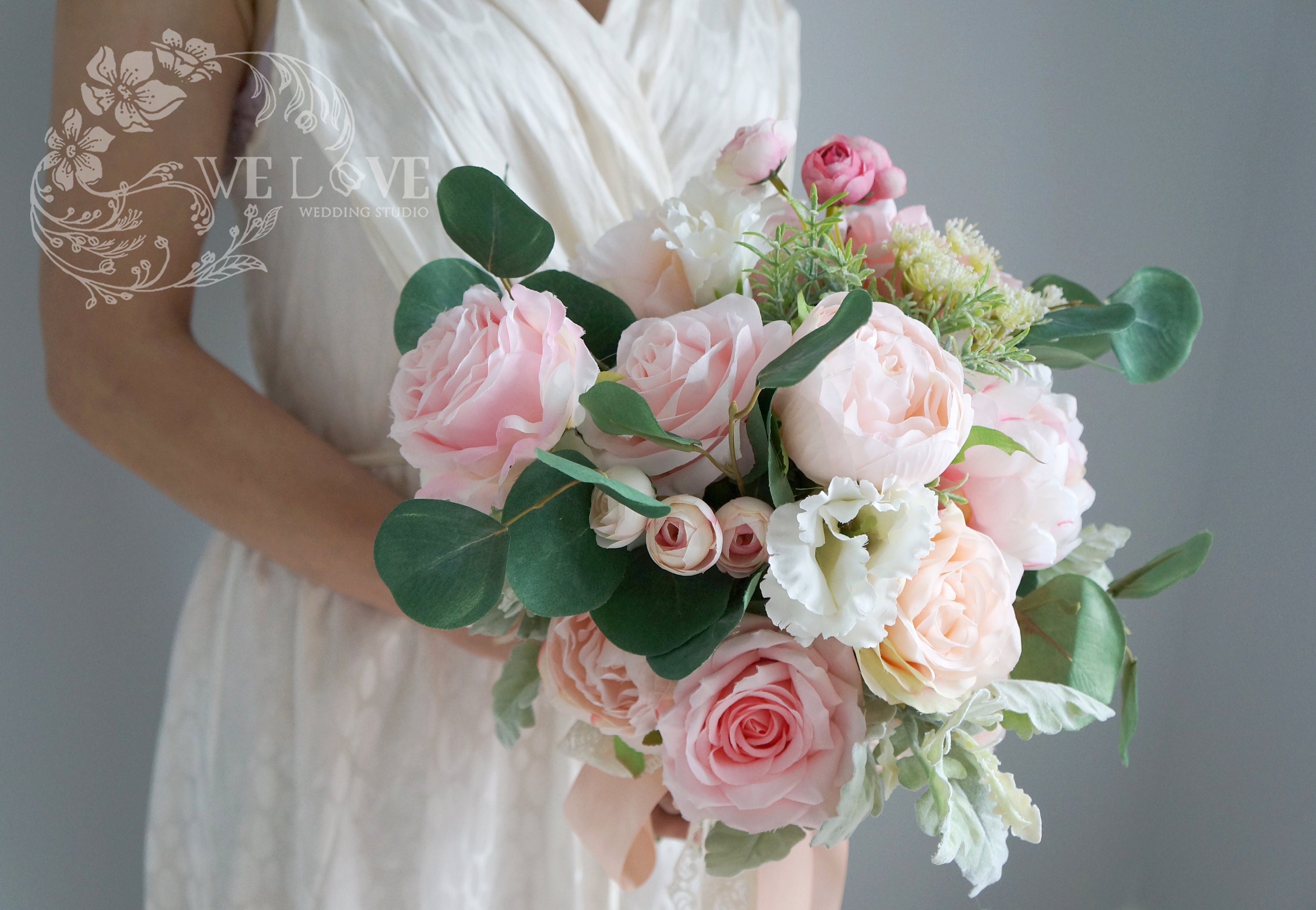 Boho Wedding Pink Roses/beige Peonies Bouquet, Chic Bridal Shower ...