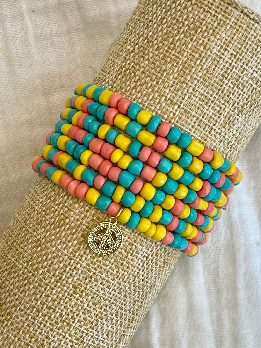 Beaded Bracelet, Peace Sign Bracelet, Beaded Wrap Bracelet, Charm ...