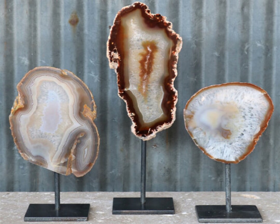 Agate Slice on Stand, Set of Three, Polished Natural Brazilian Agate ...
