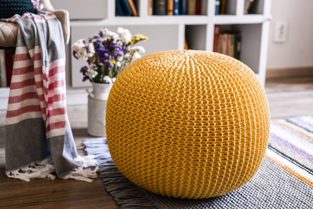 Yellow Pouf Stuffed, Crochet Nursery Floor Pillow, Ottoman Pouf, Round ...