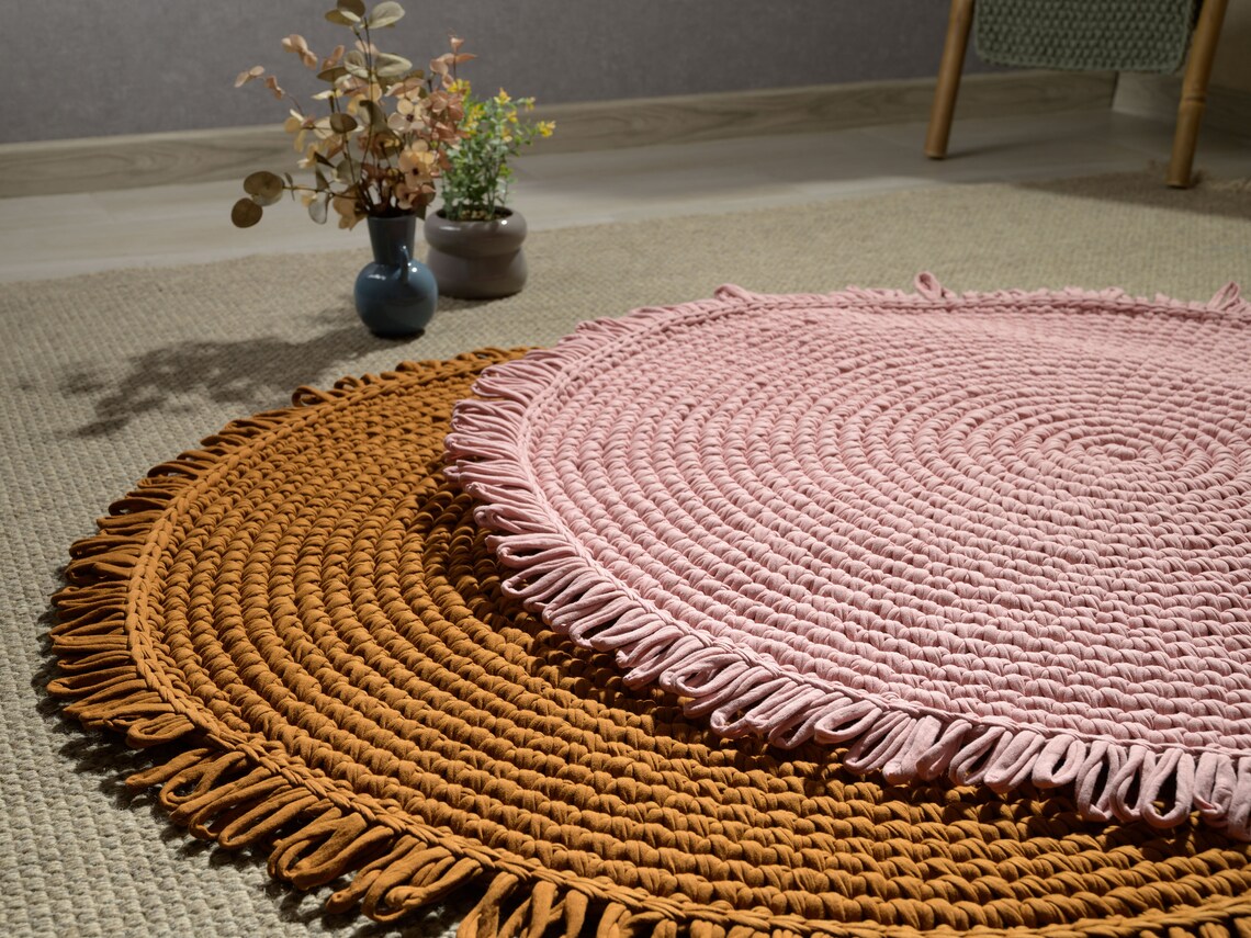 Rust Trendy Rug, Round Carpet for Nursery, Crochet Rug, Peach Rug ...