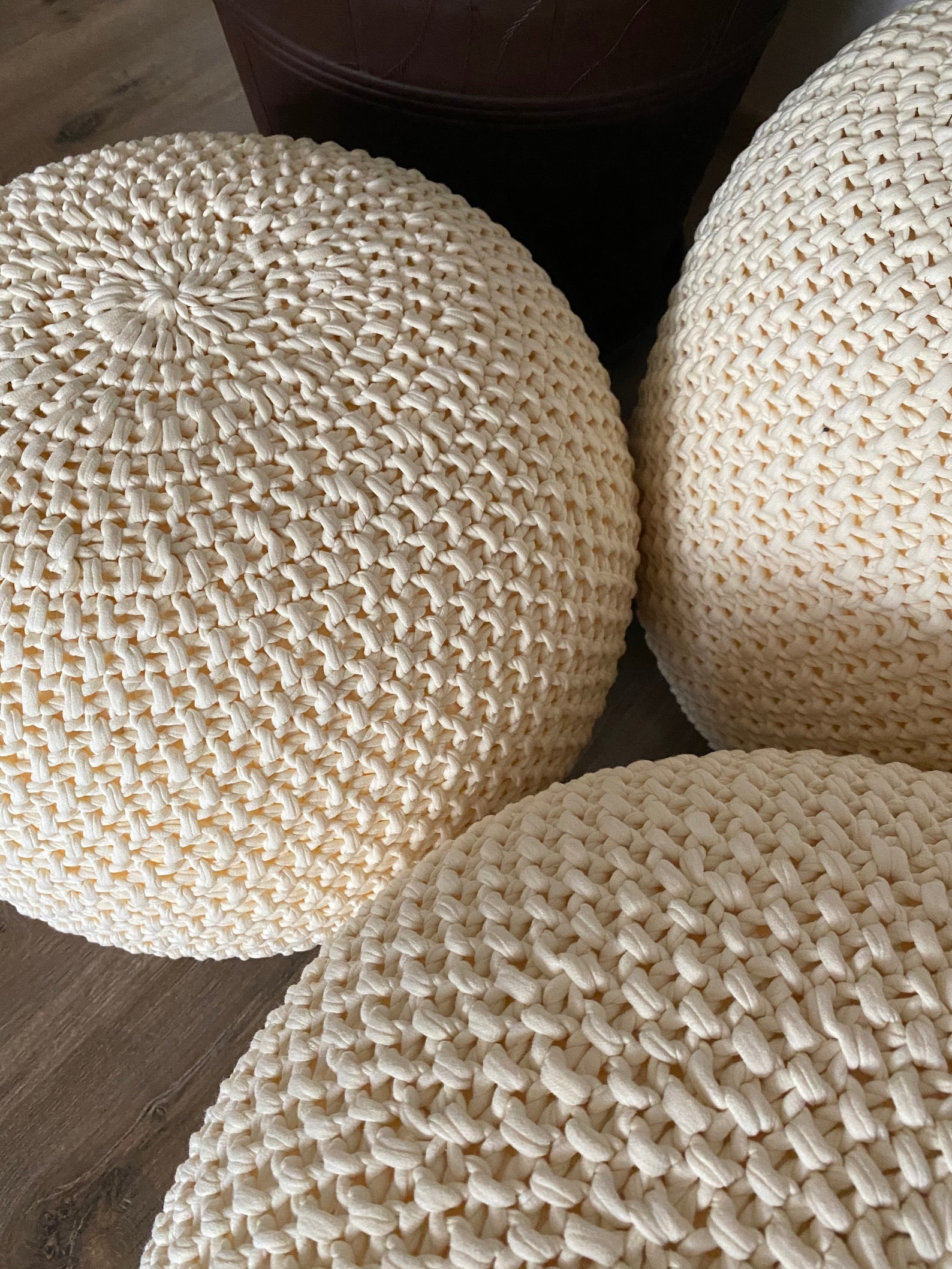 Knitted Mustard/ivory Pouf, Stuffed Round Ottoman, Nursery Pouf for ...
