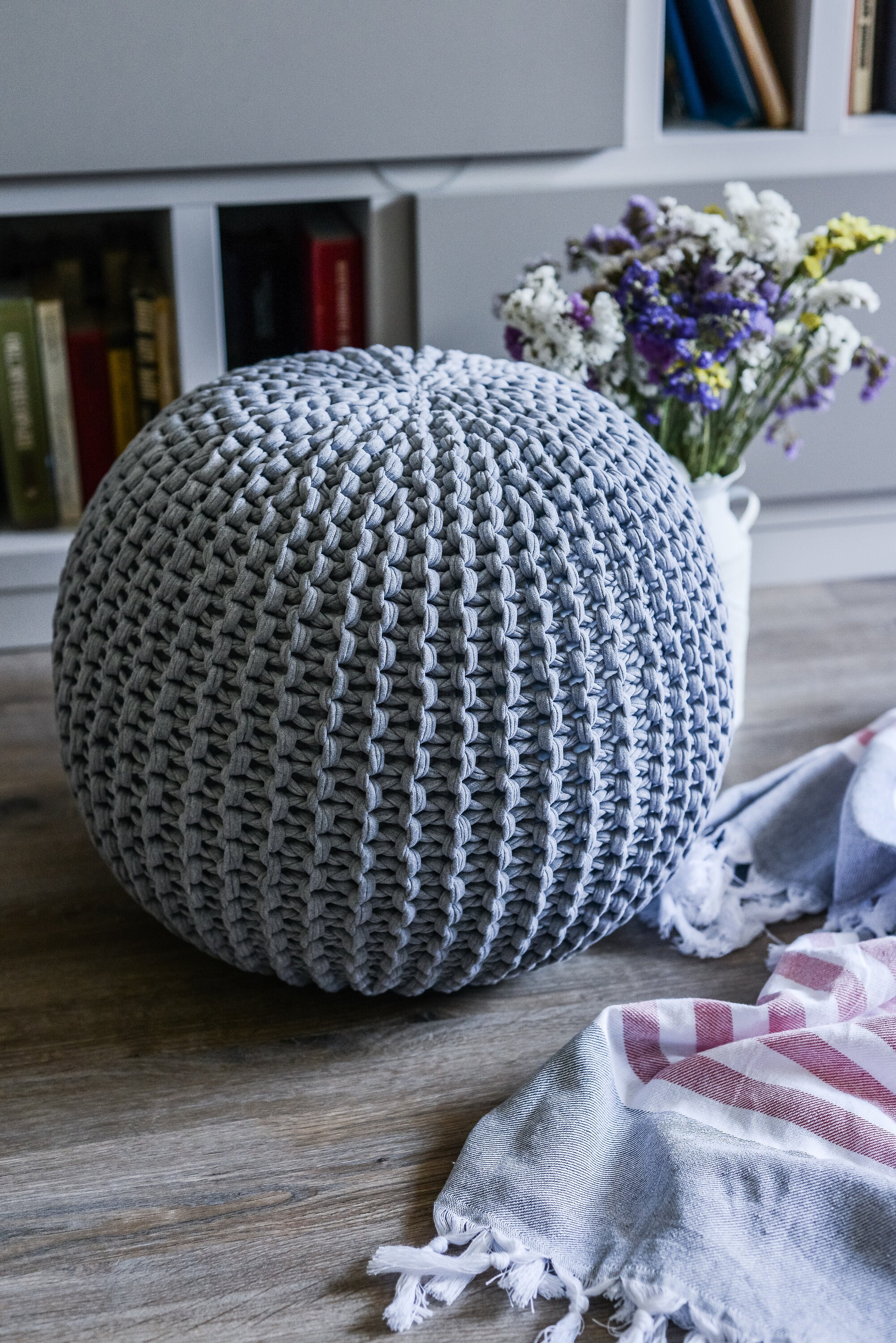 Gray Pouf, Chunky Knit Pouf, Crochet Ottoman, Floor Cushion, Knitted ...