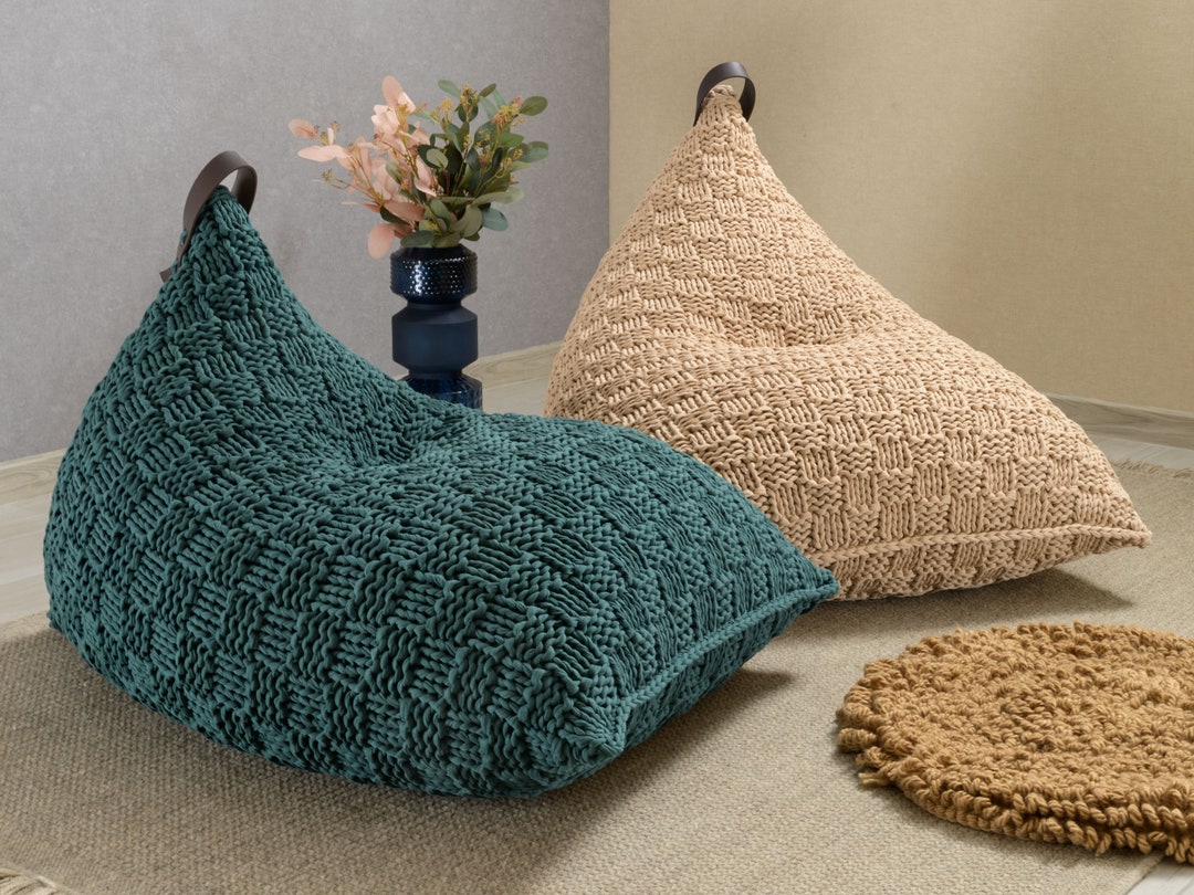 Adult Bean Bag Chair, Knitted Interior Green Pouf, Lounger Bean Chair ...
