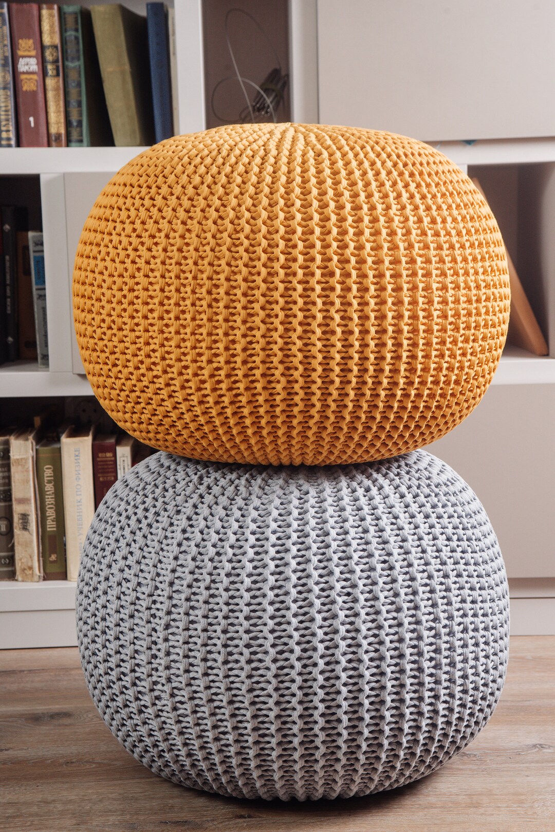 Gray Knitted Pouf, Crochet Ottomans, Knit Floor Pillow, Knitted Ottoman ...