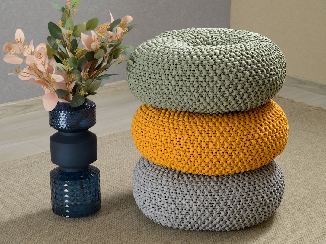 Knitted Round Floor Pillow, Set of Cushions, Filled, Ready to Use, 38 ...