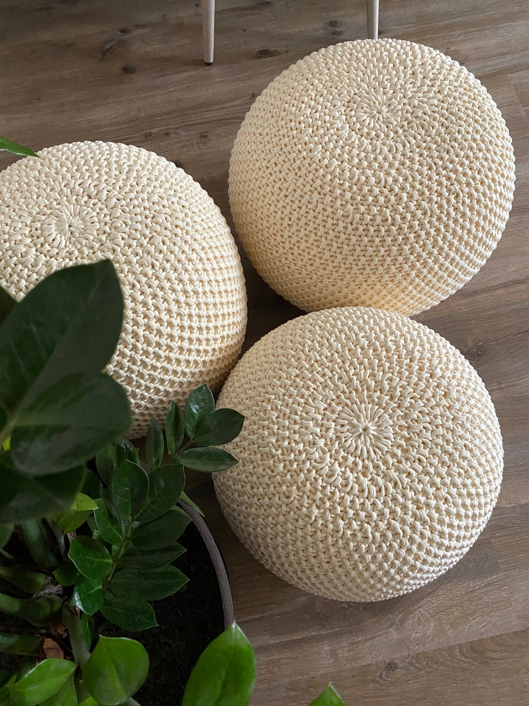 Knitted Mustard/ivory Pouf, Stuffed Round Ottoman, Nursery Pouf for ...