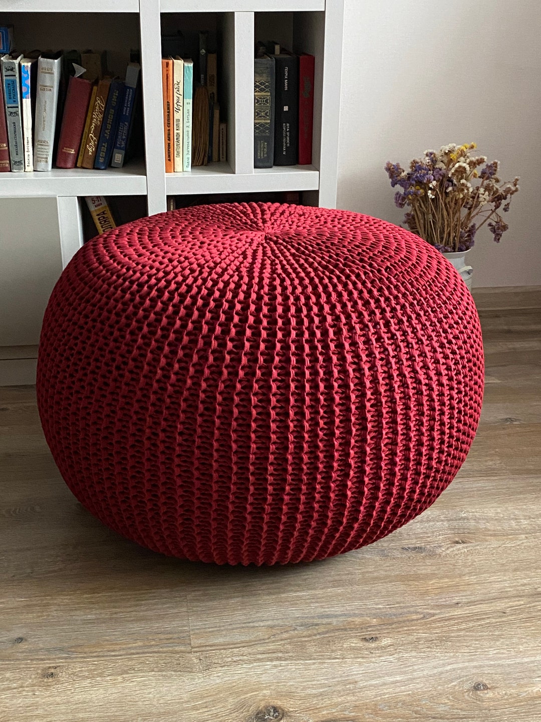 Knitted Large Bordeaux Pouf, Chunky Ottoman, Stuffed Pouf, Lounge Chair ...
