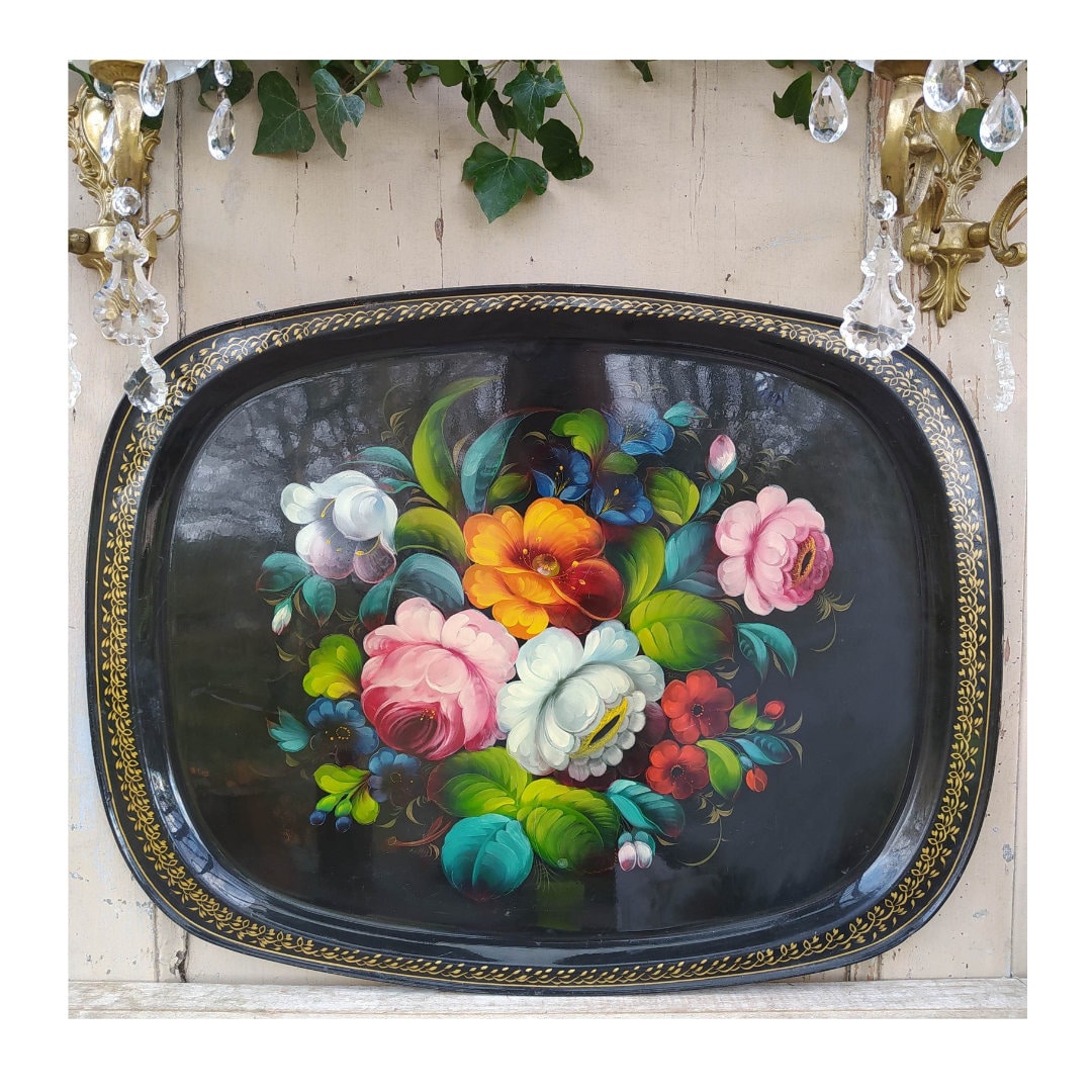 Vintage Hand Painted Russian Serving Tray Floral Folk Art Decor Vintage ...