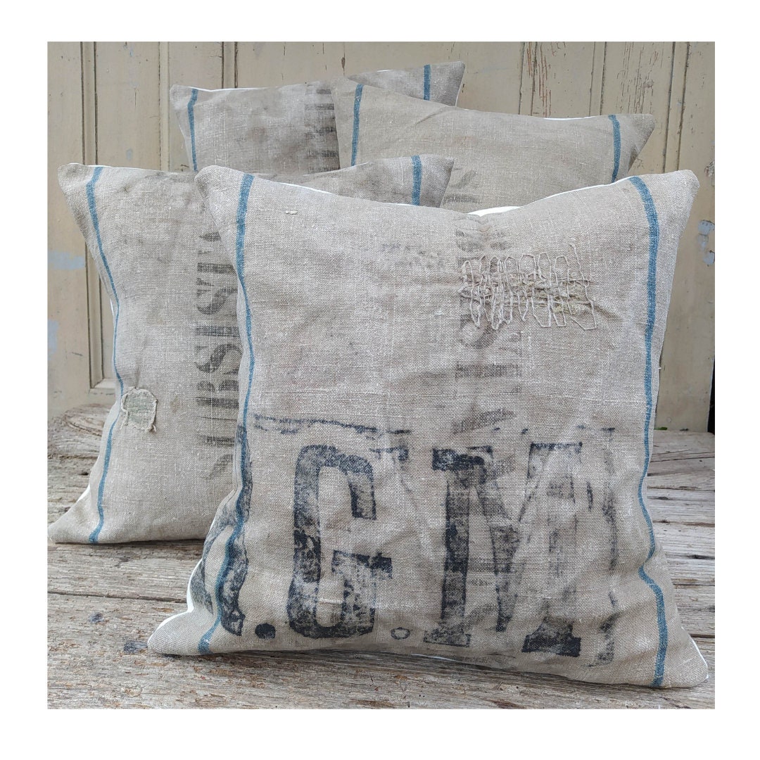 Set of 4 French Postal Sack Cushion Covers ~ French Antique Throw ...