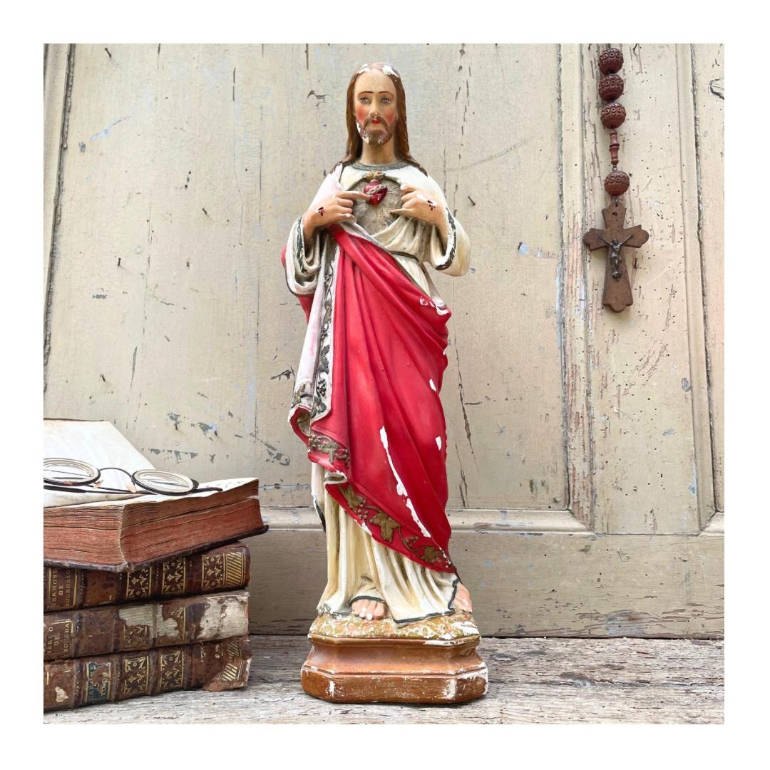 Antique French Jesus Christ Sacred Heart Statue: Large Plaster ...