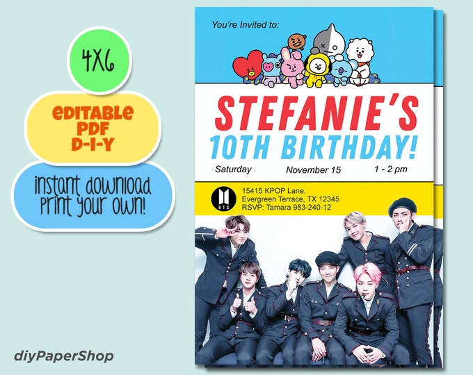 BTS Invitation DIY Printable, Kpop Invite, Bt21 Invitation, Boy Band ...
