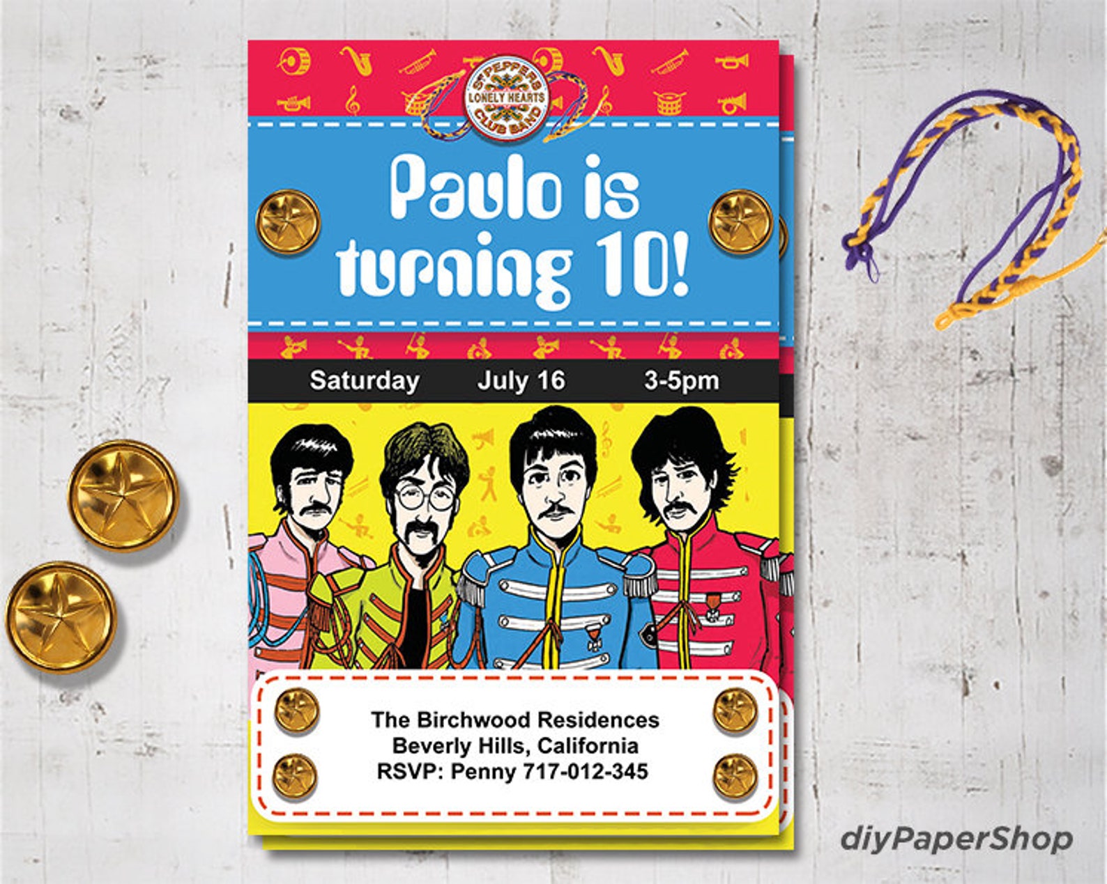 Beatles Birthday Invitation Sgt. Pepper's yellow | Etsy