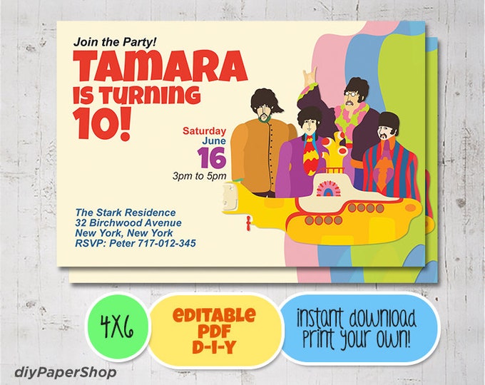 Beatles Birthday Invitation, Abbey Road, Yellow Submarine, Digital File ...