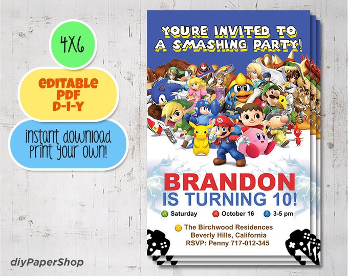 Super Smash Brothers Invitation, Birthday Invitation, Super Smash ...