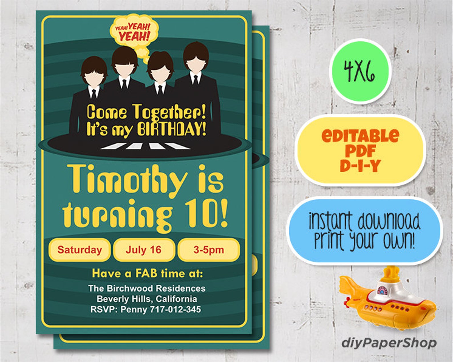 Beatles Birthday Invitation Abbey Road Yellow Submarine | Etsy