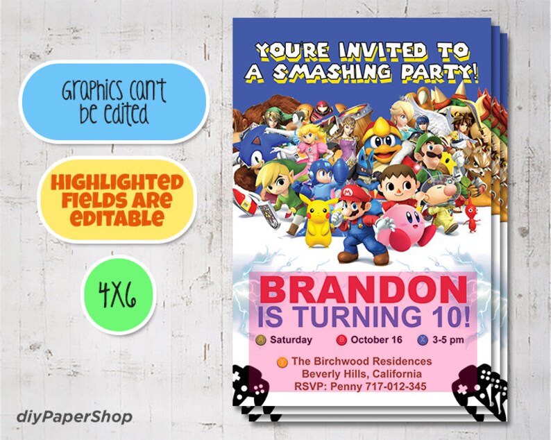 Super Smash Brothers Invitation Birthday Invitation Super | Etsy