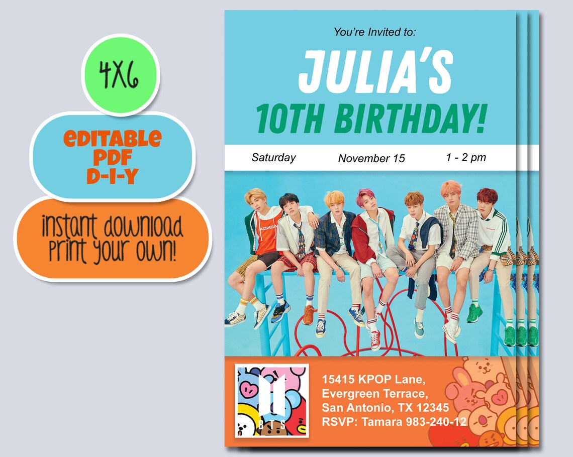 BTS Invitation DIY Printable Kpop Invite Bt21 Invitation - Etsy