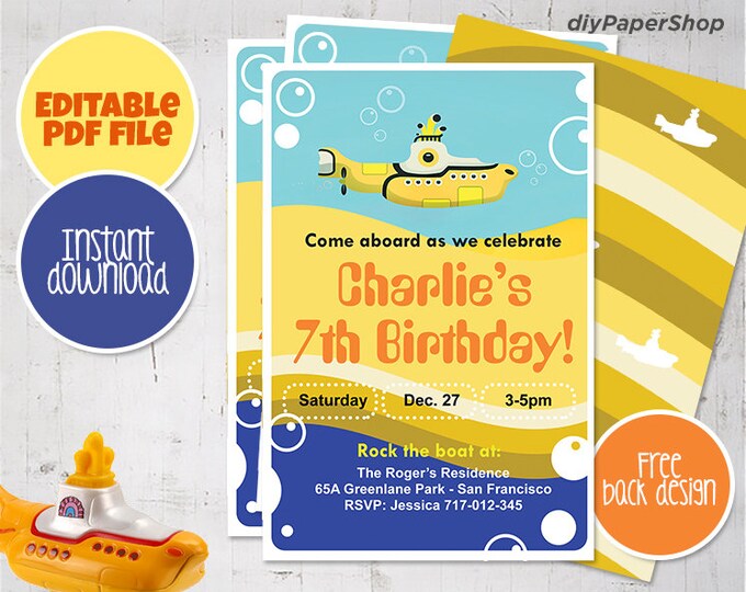 Beatles Birthday Invitation, Yellow Submarine, Digital File Print ...