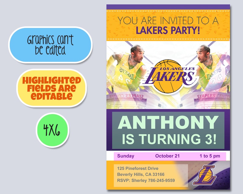 Los Angeles Lakers Invitation Birthday Invitations Lakers | Etsy
