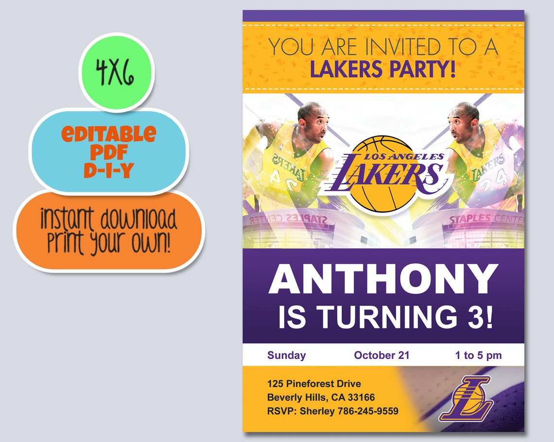 Los Angeles Lakers Invitation Birthday Invitations Lakers | Etsy