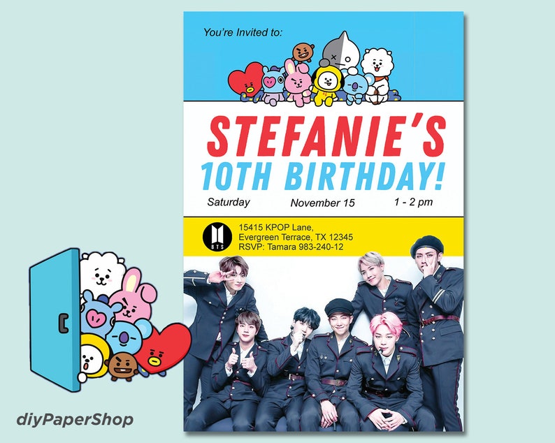 BTS Invitation DIY Printable Kpop Invite Bt21 Invitation | Etsy