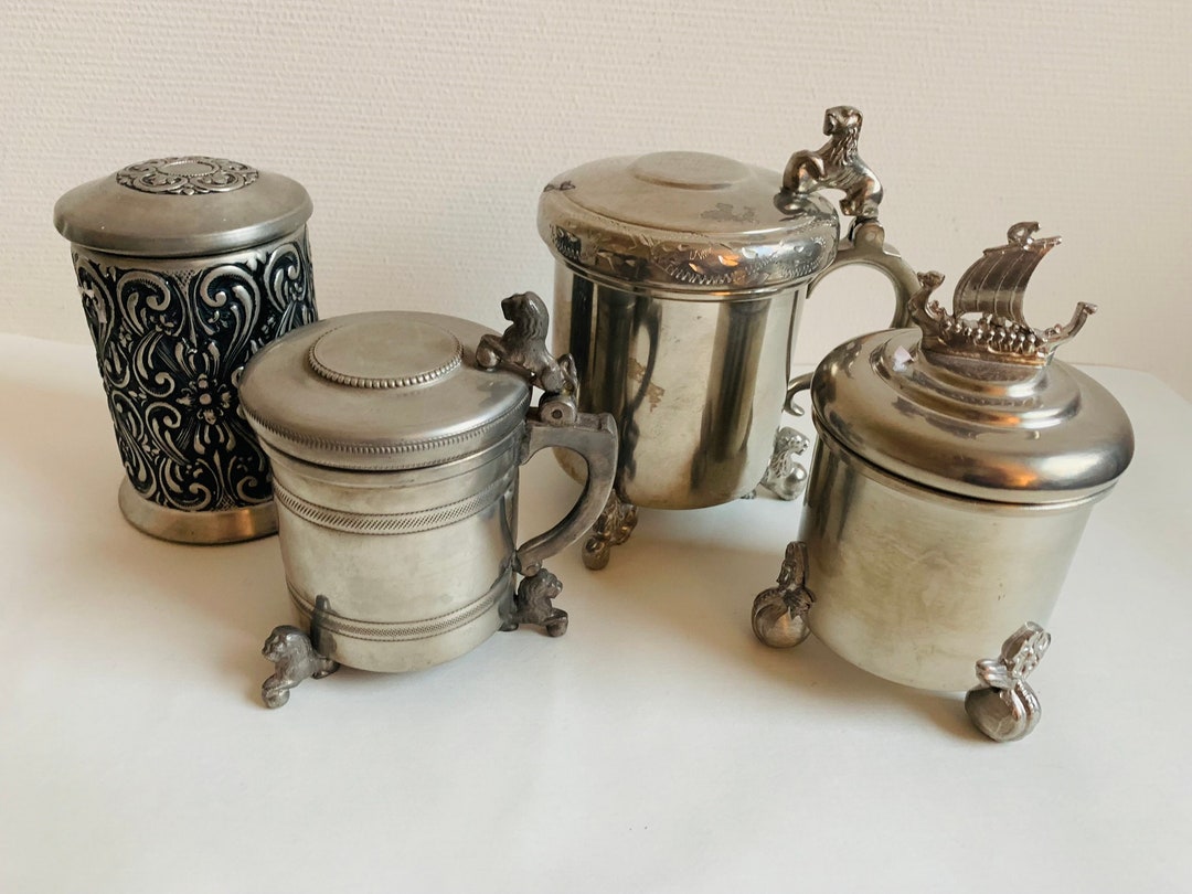 Set of 4, Norwegian Pewter Jar With Lid, Tankard, Tabacco Jar, Lion ...