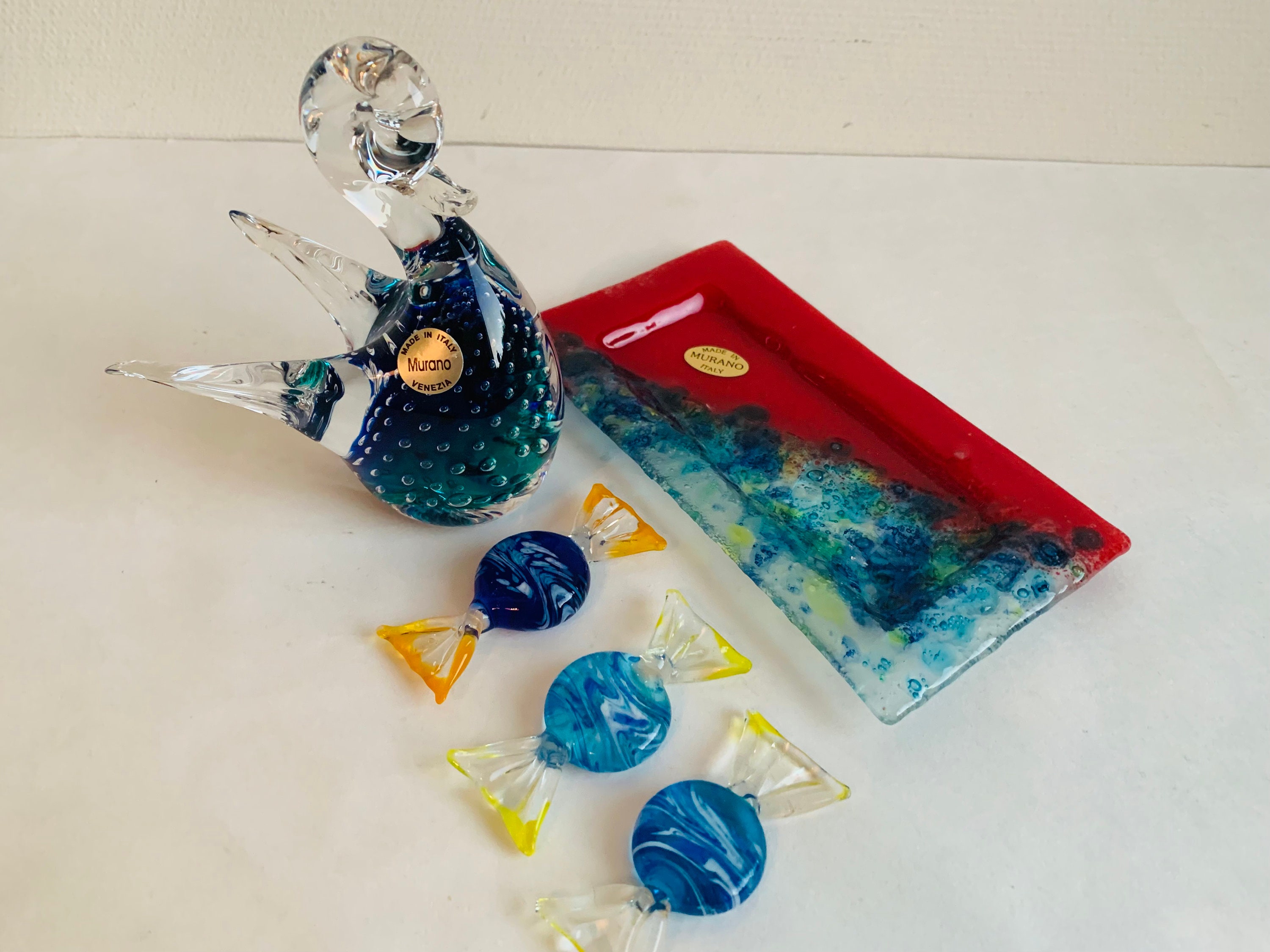 Set of 4 Murano Glass Plate, Candy and Duck Figurine. Made in Italy ...
