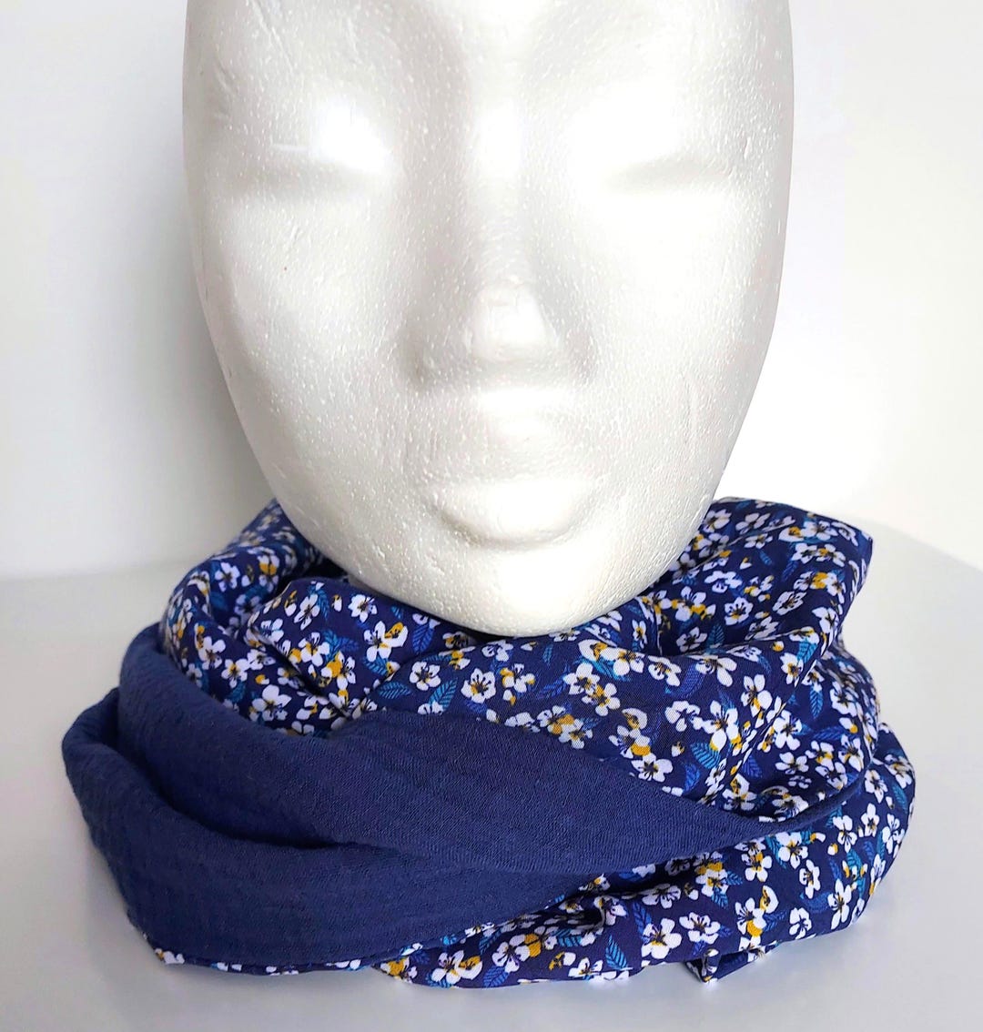 Women's Double Neck Snood - Cherry Blossom Pattern & Indigo Blue Cotton ...