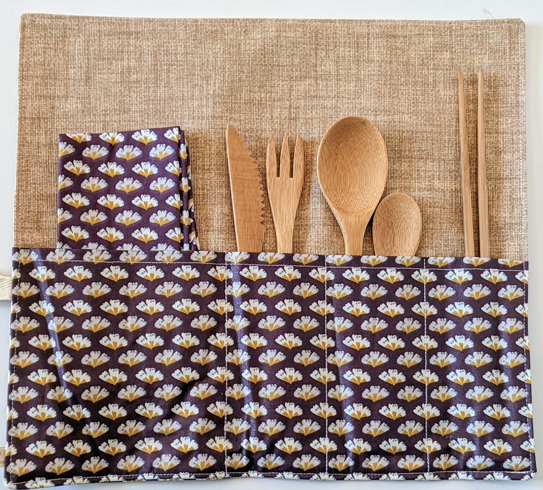 Rolled Cutlery & Chopstick Pouch - Japanese Ginkgo Biloba Pattern ...