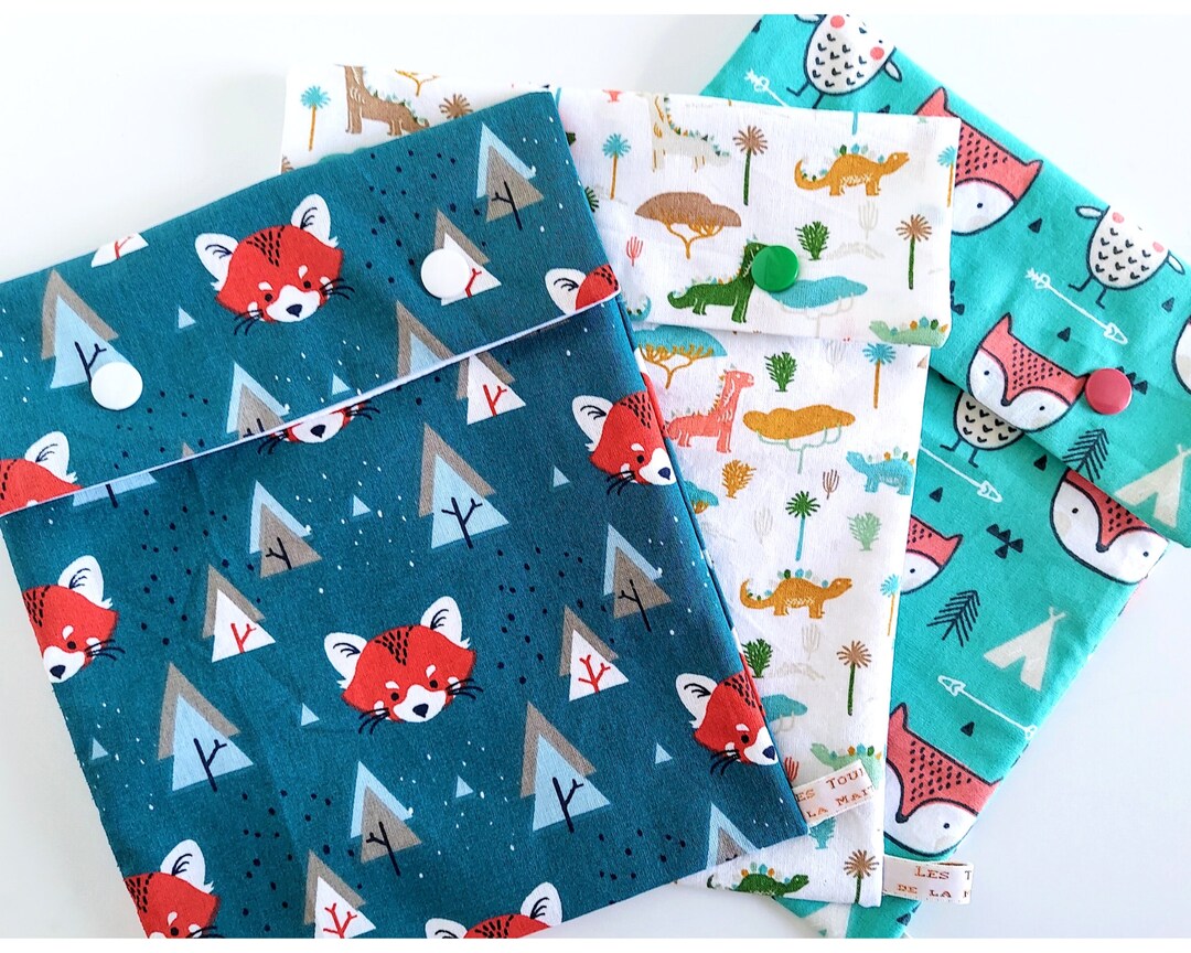 Busta per snack per bambini, motivi con volpe e dinosauro, tessuto ...