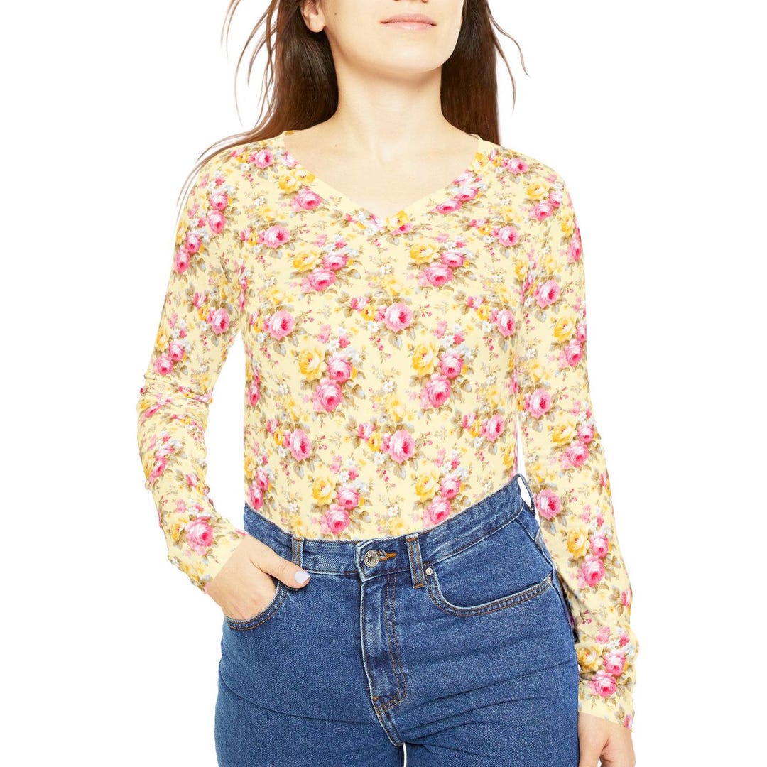 Cottagecore Yellow Pink Roses Womens Long Sleeve Vneck Shirt ...