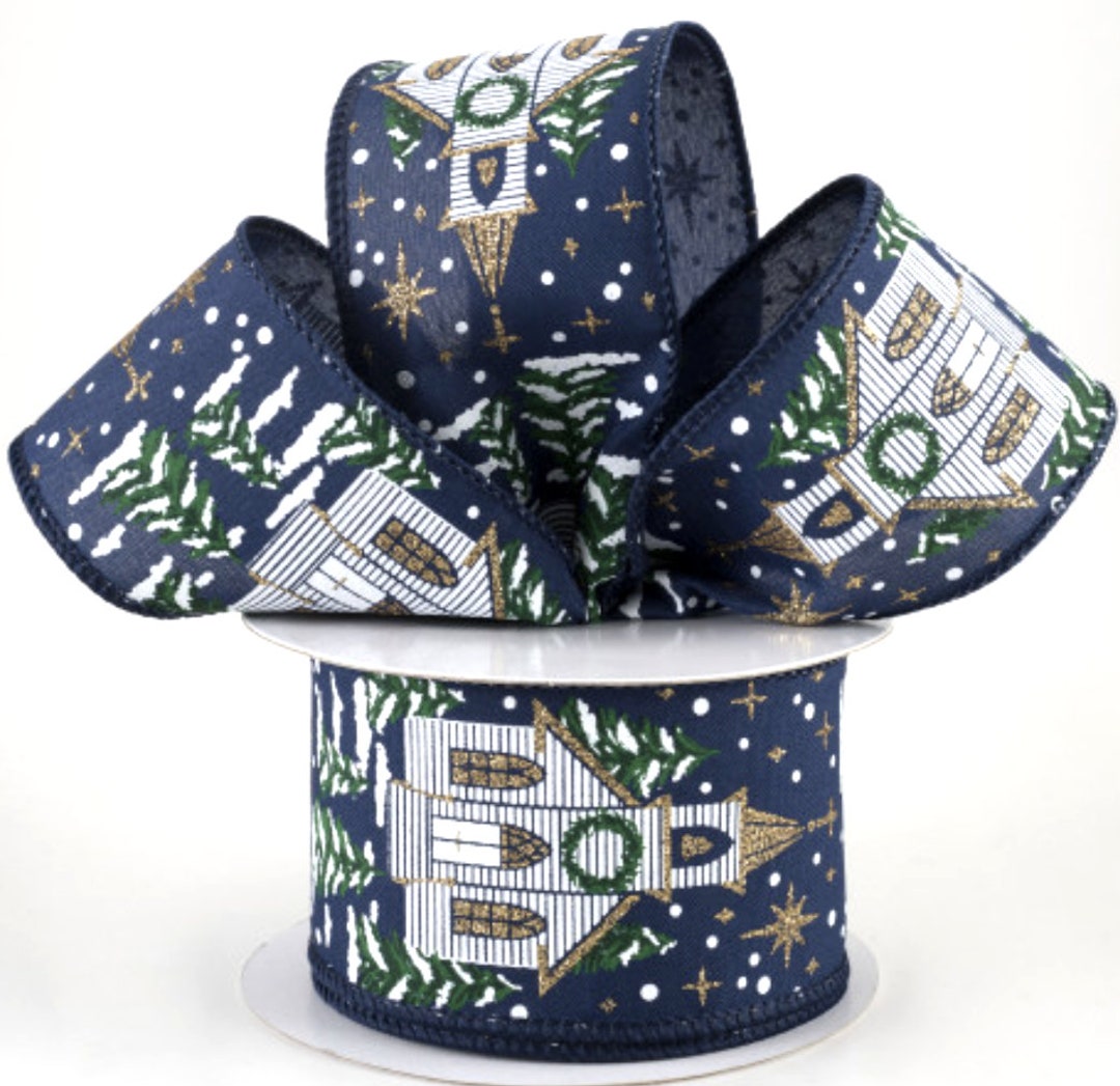 2.5" Navy Winter Church Wired Ribbon, Church Ribbon, 10 Yards of Ribbon ...