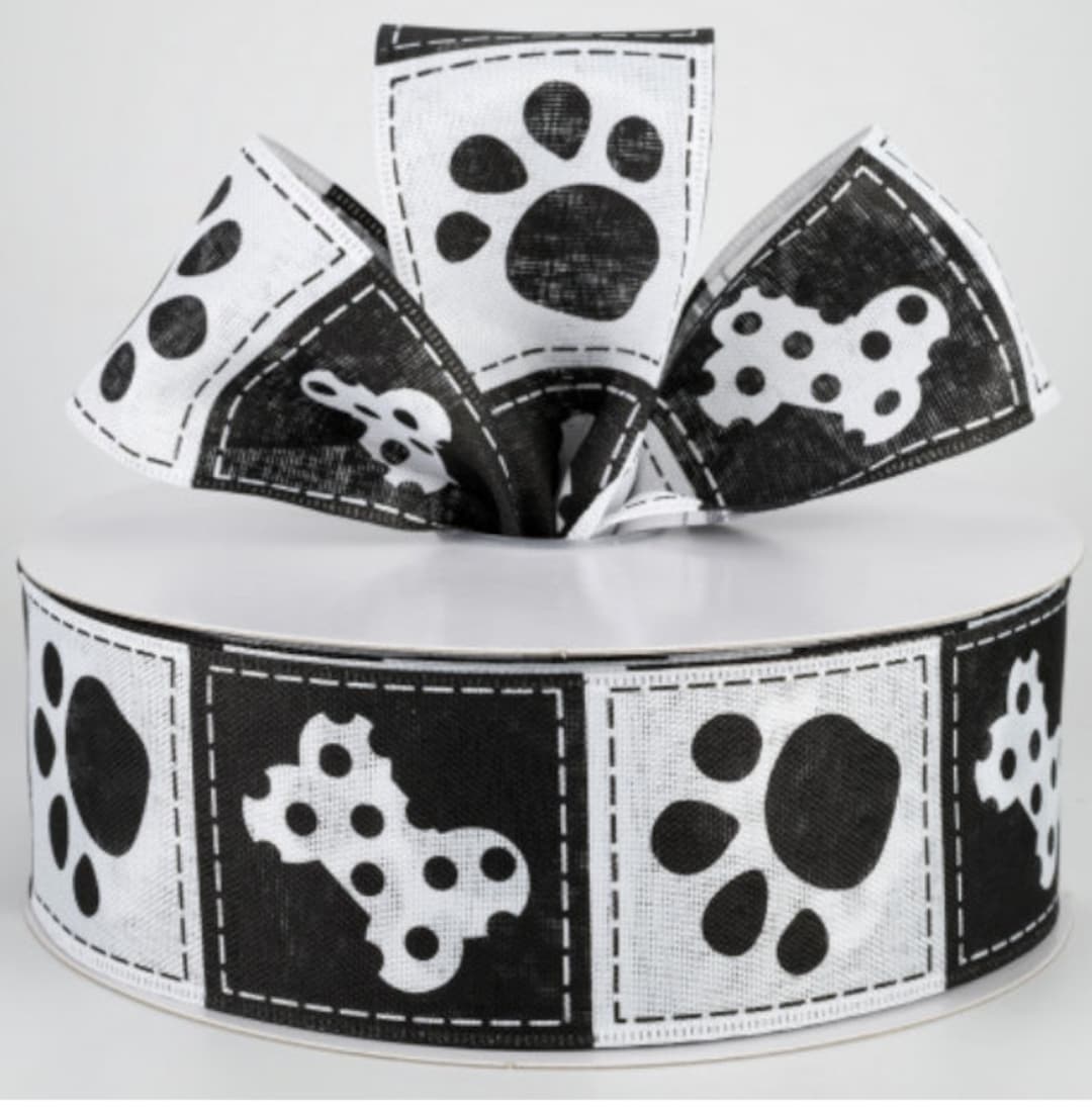 2.5" Dog Paw Prints and Bones Wired Ribbon, 2 Colors, Dog Ribbon, Pet ...