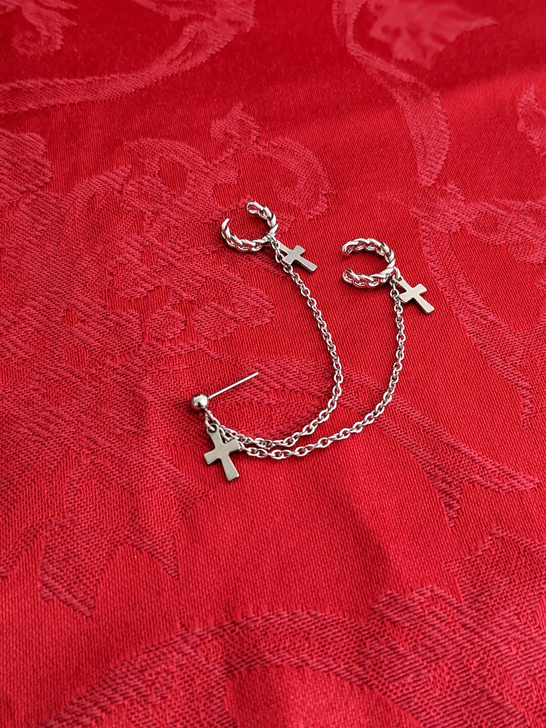 BTS Kpop Double Cuff Earrings, Triple Cross Chains Punk Jewelry, Cool ...