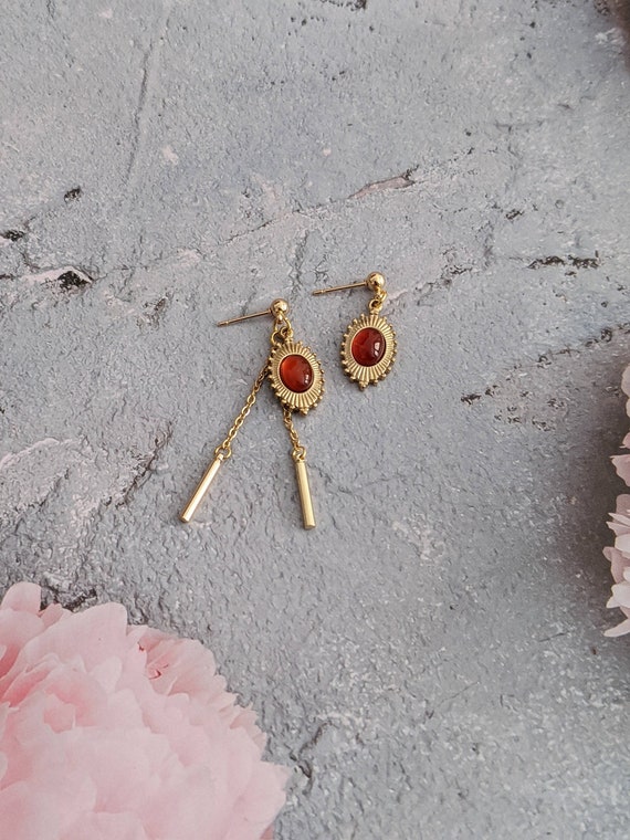 BTS V Kpop Inspired Oval Red and Gold Mismatched Earrings Drop | Etsy