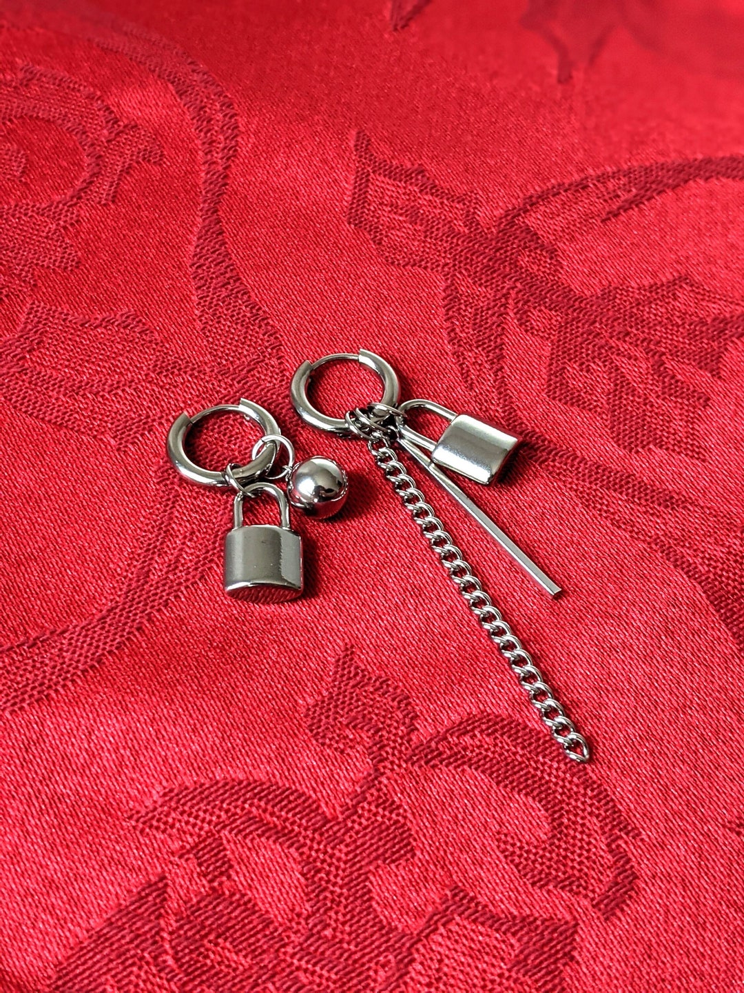 Mismatched Hoop Earrings, Cool Lock Earrings, Funky Punk Earrings, Edgy ...