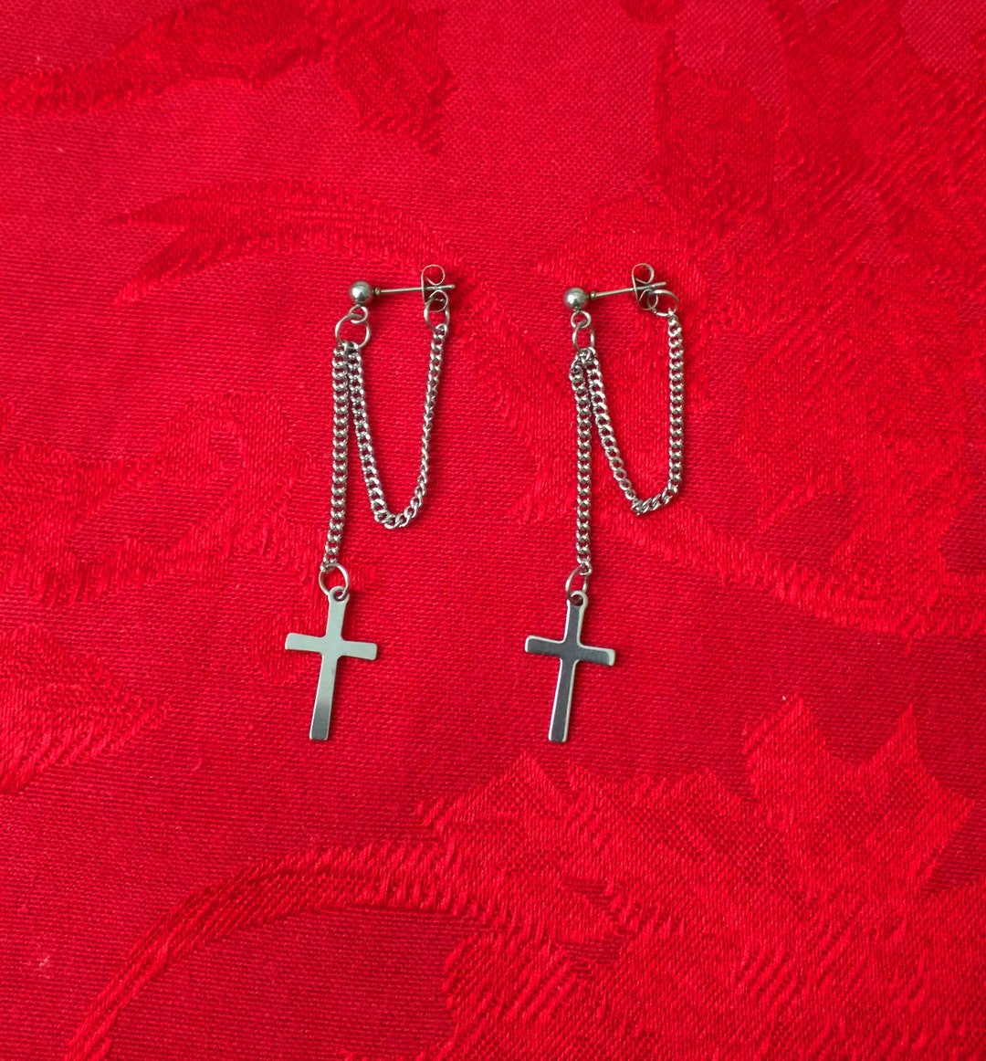 Kpop BTS Cross Chain Earrings, Front-to-back Earrings, Cool Cyberpunk ...