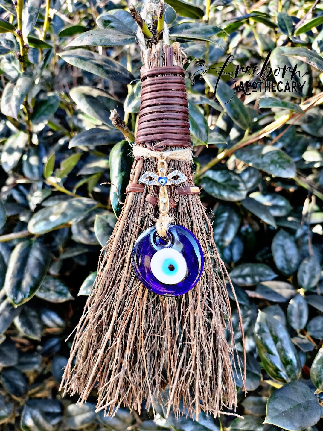 6" Cinnamon Broom With Double Charms | Glass Evil Eye | Jeweled Cross ...