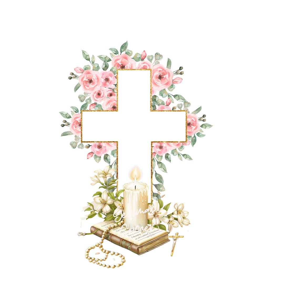 Pink Floral Holy Cross Sublimation Design , Digital Download, First ...