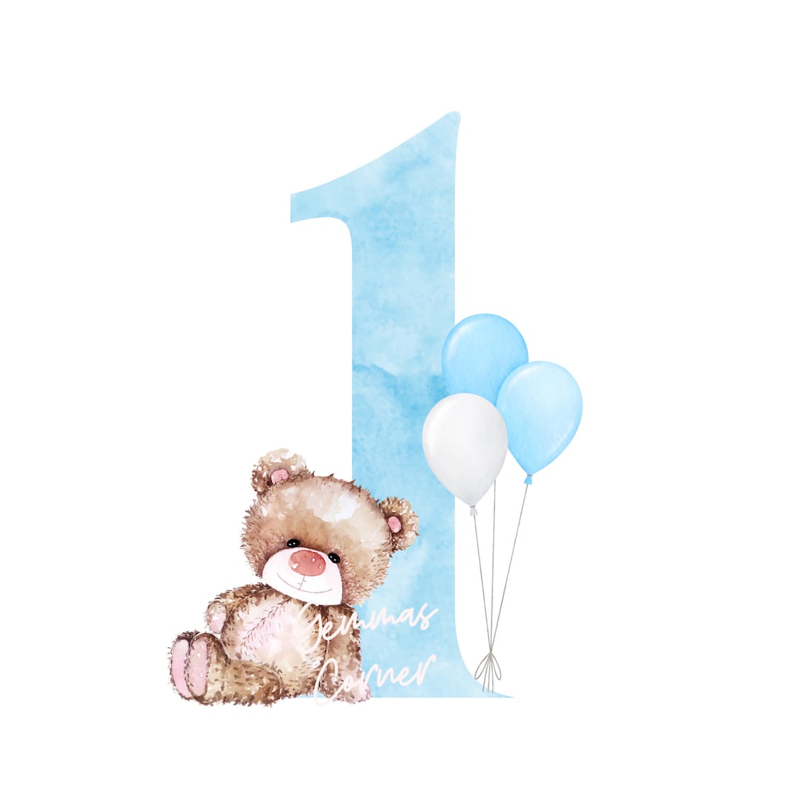 Teddy Bear Blue Balloons 1st Birthday PNG, First Birthday Sublimation ...