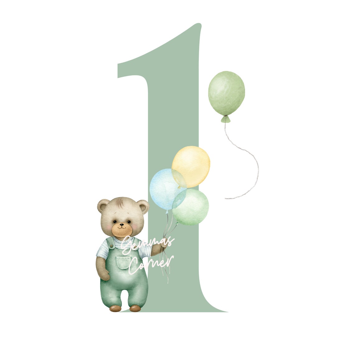 Teddy Bear Green Balloons 1st Birthday PNG, First Birthday Sublimation ...