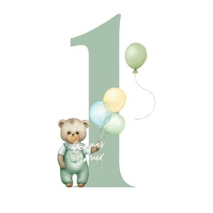 Teddy Bear Green Balloons 1st Birthday PNG, First Birthday Sublimation ...