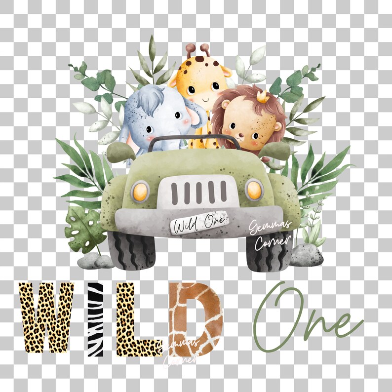 Watercolour Safari Car SVG Clipart, Watercolor Animals, Wild One PNG ...