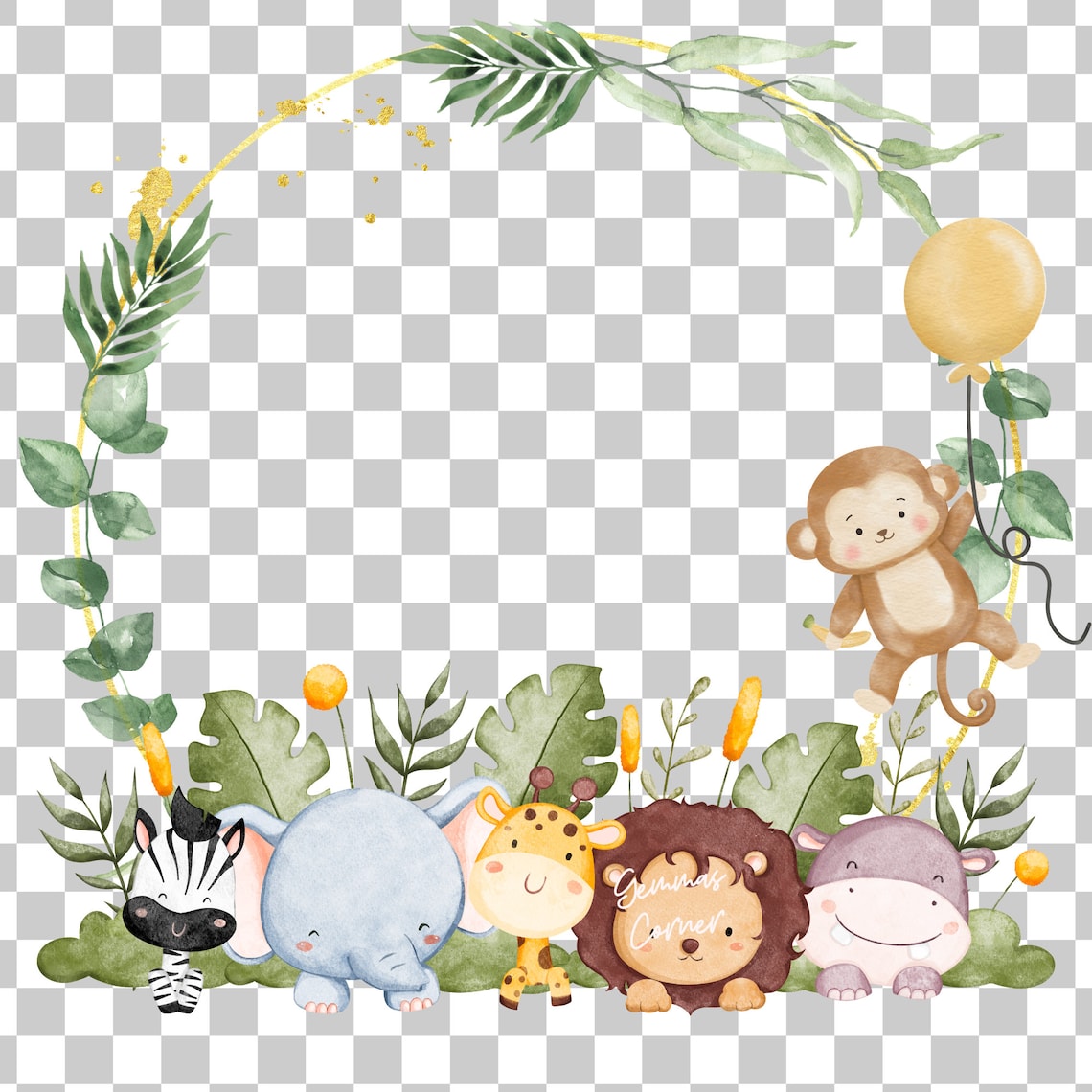 Safari Jungle Border, Watercolor Baby Animals, Wild One, Birthday ...